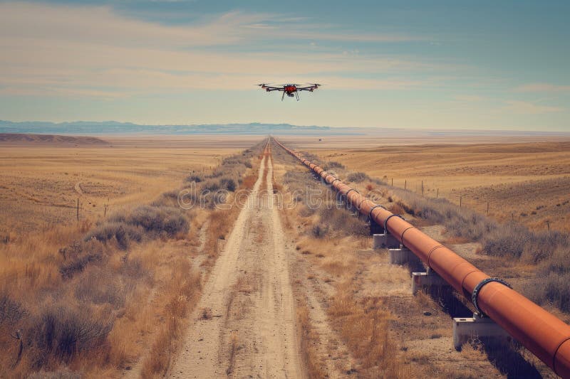 Drone Flying Over Pipeline in Vast Desert Landscape with Clear Sky ...