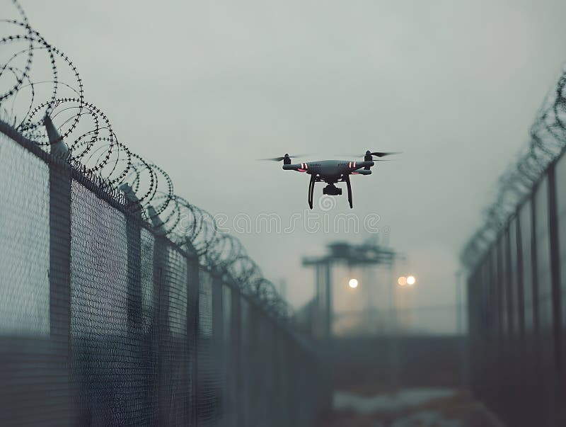Drone Flying Over Prison Perimeter Fence with Barbed Wire Stock ...