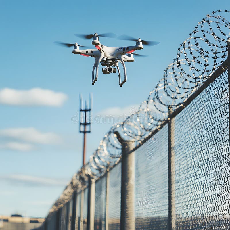 Drone Flying Over Prison Perimeter Fence with Barbed Wire Stock ...