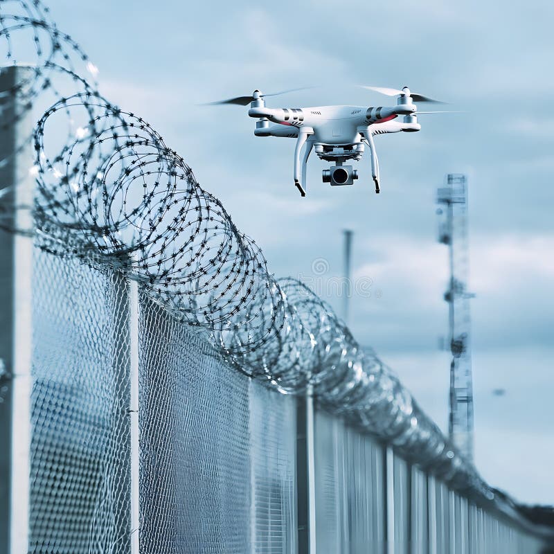 Drone Flying Over Prison Perimeter Fence with Barbed Wire Stock ...