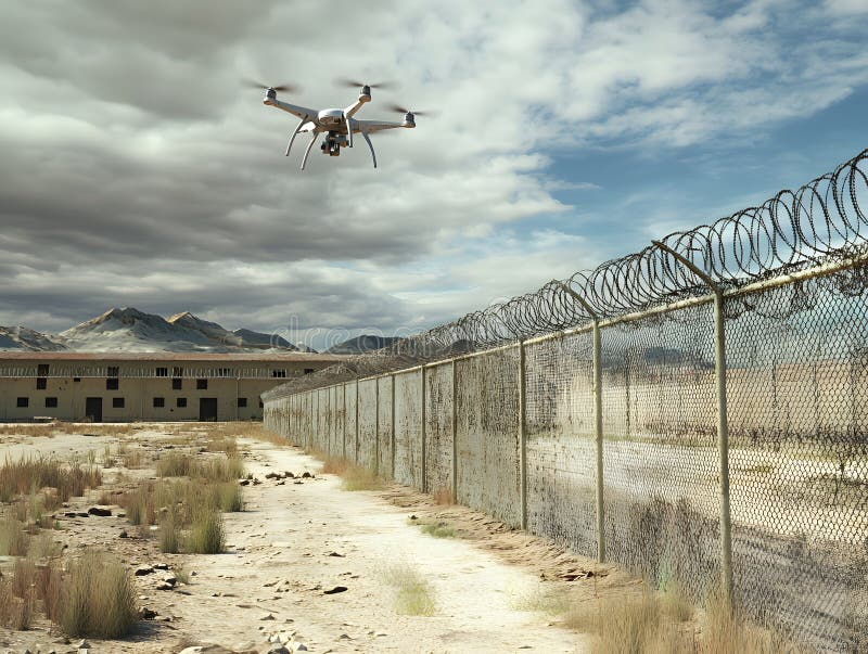 Drone Flying Over Prison Perimeter Fence with Barbed Wire Stock ...