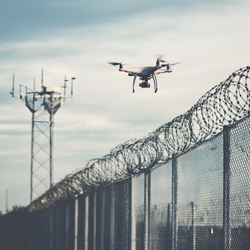 Drone Flying Over Prison Perimeter Fence with Barbed Wire Stock ...