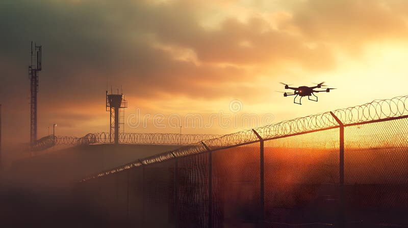 Drone Flying Over Prison Perimeter Fence with Barbed Wire Stock ...