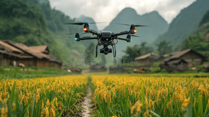 A Drone Flying Over Rice Paddy Showcases Modern Agriculture Technology ...