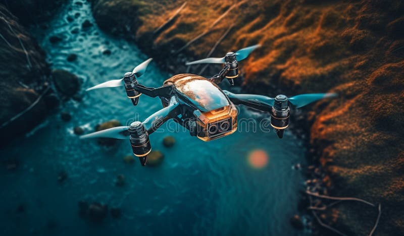 Drone Flying Over the River with AI Generated. Stock Illustration ...