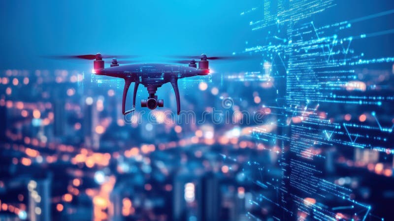 Drone Flying Over Smart City Collecting Digital Data at Night Stock ...