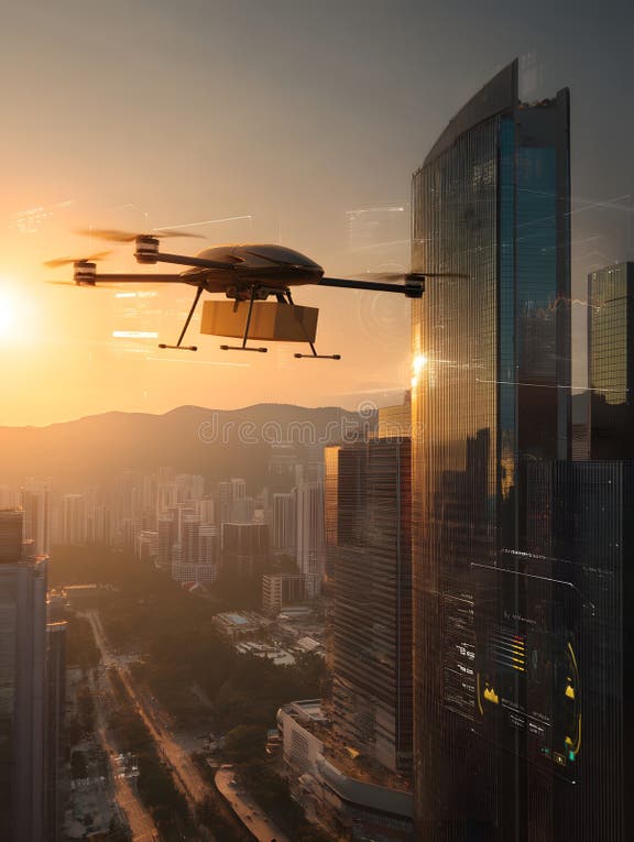 Drone Flying Over Smart City Skyline at Sunset with Augmented Reality Interface Stock ...