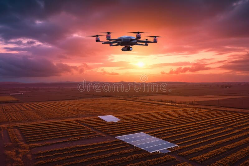 Drone Flying Over a Solar Panel Farm with a Parcel Stock Illustration ...
