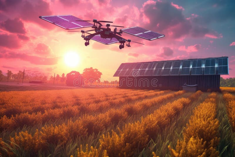 Drone Flying Over a Solar Panel Field Stock Illustration - Illustration ...
