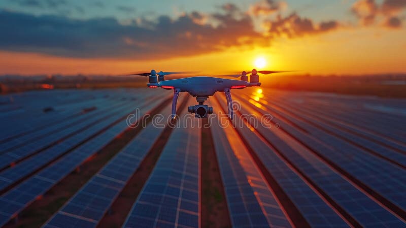 Drone Flying Over Solar Panel Fields at Sunset, Capturing the Beauty of ...