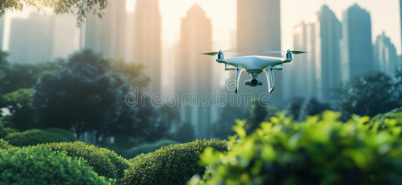 Drone Flying Over Urban Landscape with Skyscrapers and Greenery in the ...