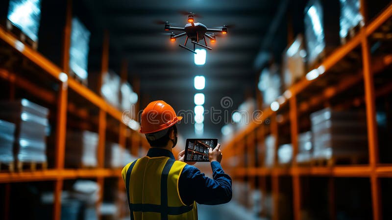 Drone Flying Over Warehouse with Engineer Monitoring it on Tablet ...