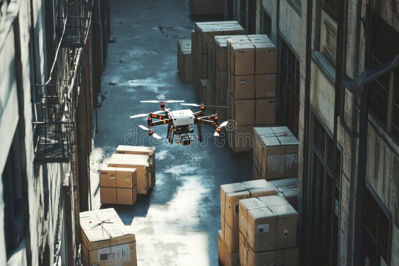 A Drone is Flying Over a Warehouse Full of Boxes Stock Illustration ...