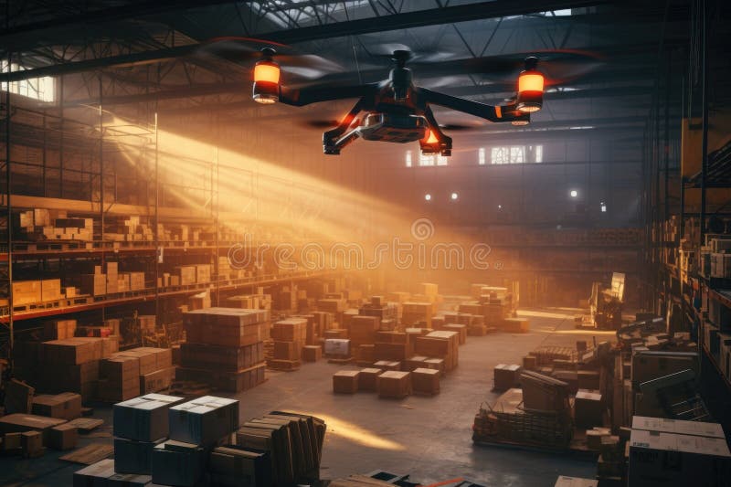 Drone Flying Over Warehouse Scanning Inventory Stock Illustration ...
