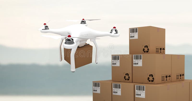 Drone Flying by Sky with Delivery Parcel Boxes Stock Illustration ...