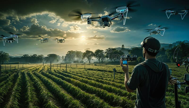 Drone Flying in the Sky Over Agriculture Field IOT Drones AI Farming ...