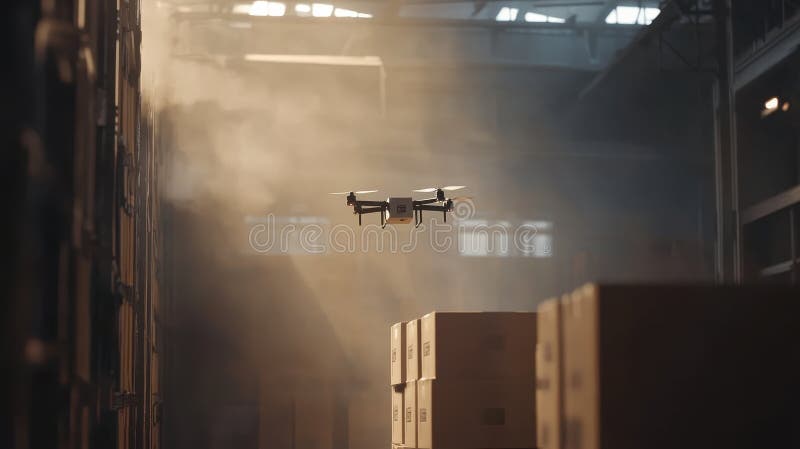 A Drone Flying in a Warehouse, Illuminated by Beams of Light through ...