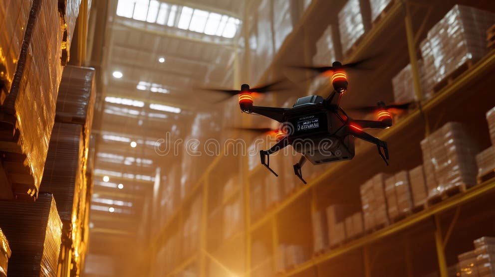 Drone Flying in Warehouse Scanning Packages on Shelves Stock Image ...