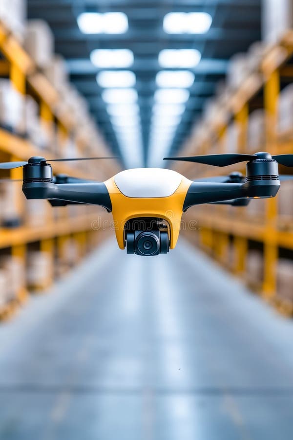 A Yellow and Black Drone Flying Over a Warehouse Filled with Boxes ...