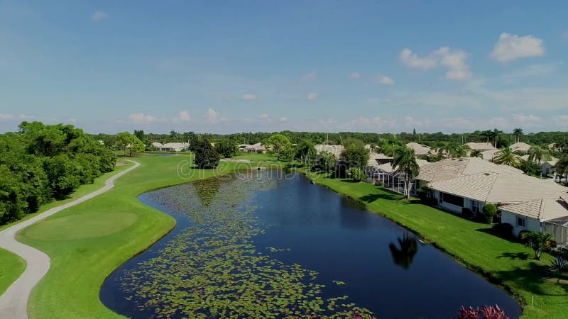 Drone Flyover from the Grass Over Water in a Golf Course Field with ...