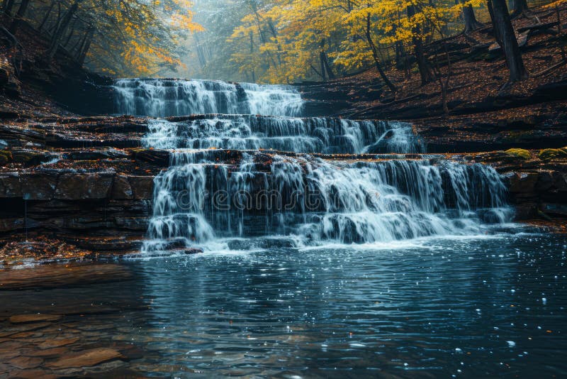 Drone Footage of a Multi-tiered Waterfall, Revealing Layers of Flowing ...