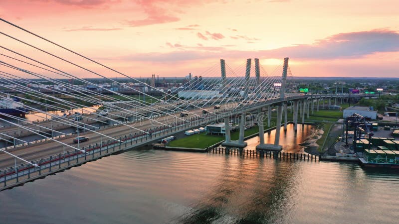 Drone Footage of the New Goethals Bridge at Sunset Stock Footage ...