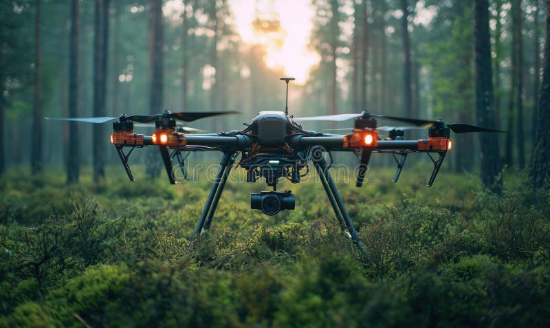 Drone in Forest with Camera Capturing Nature at Sunrise in Misty ...