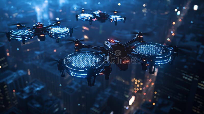 Drone Formation Flying in the Sky at Night Stock Illustration ...