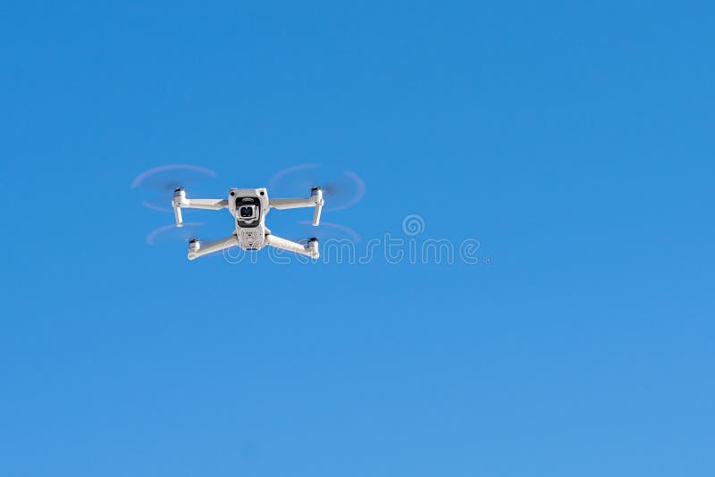 Drone Front View in Flight on Clear Sky Stock Photo - Image of camera ...