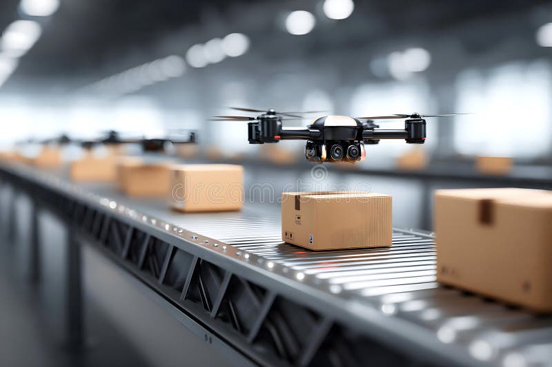 Drone Hovering Above Conveyor Belt in Modern Warehouse, Delivering ...