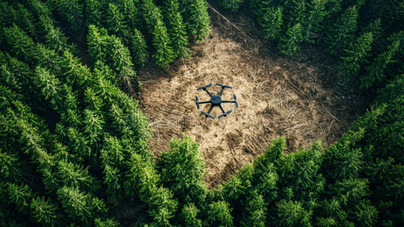 Drone Hovering Above a Forest Clearing Surrounded by Trees Stock Photo ...