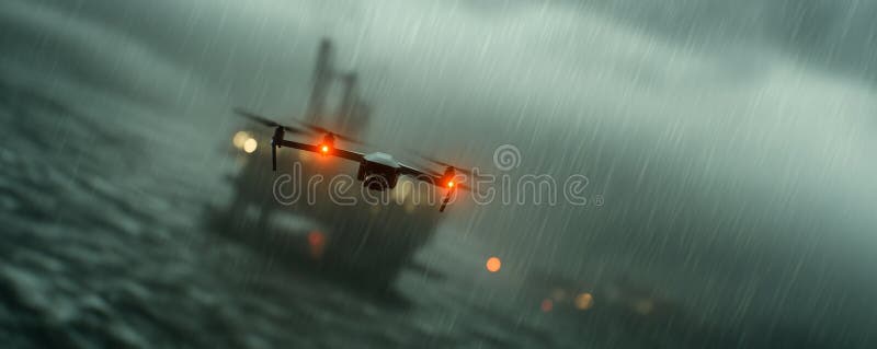 Drone Hovering Above Offshore Oil Platform, Navigating Stormy ...