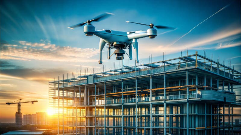 Drone Hovering Over Construction Site at Sunrise Stock Illustration ...