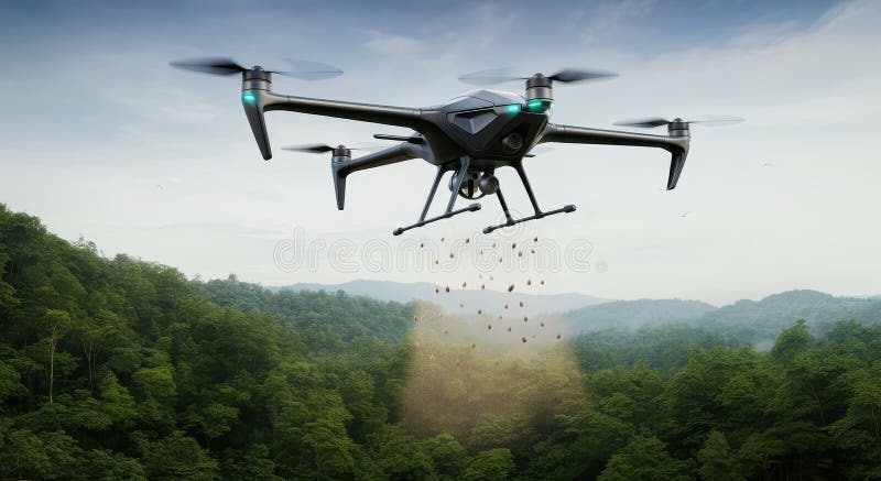 A Drone is Hovering Over a Dense, Green Forest, Dispersing Seeds, Earth ...