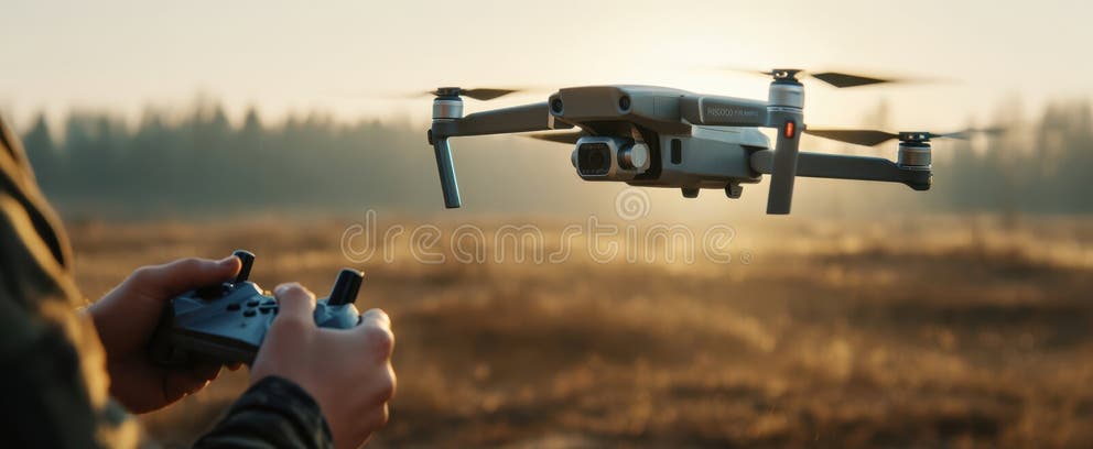 The Drone Hovering Over a Golden Field at Sunset with a Pilot ...