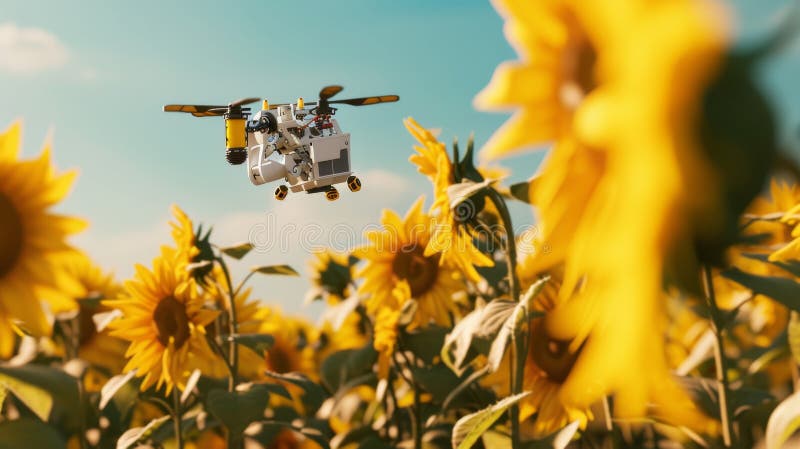 Drone Hovering Over Sunflower Field Under Blue Sky Stock Photo - Image ...
