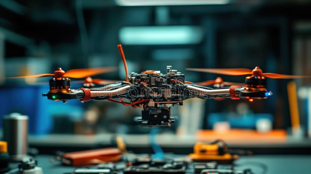 Drone Hovering in Workshop Setting, Showcasing Manufacturing Process ...