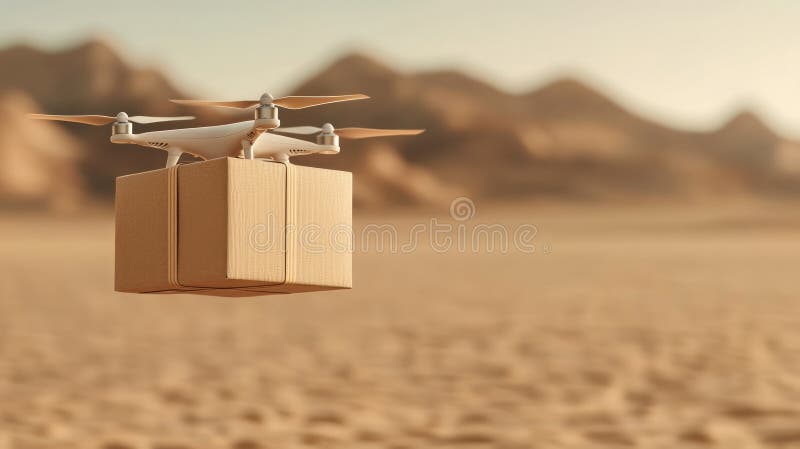 A Drone Hovers Above a Desert, Delivering a Package while Enhancing ...