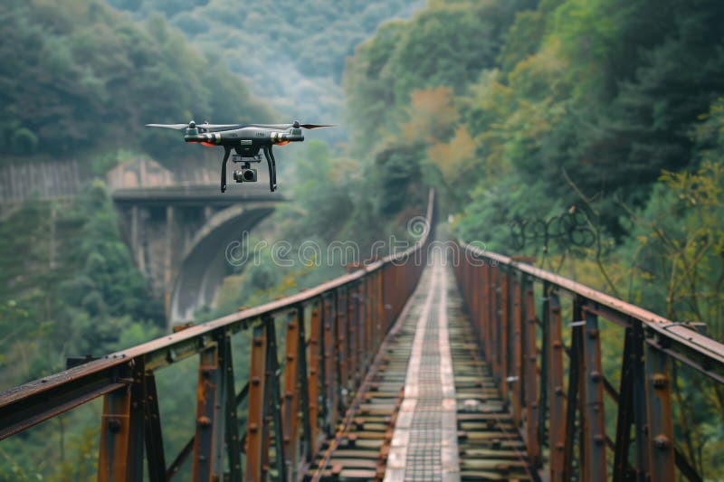 Drone Conducts Inspection Over Rustic Railroad Bridge at Dusk Stock ...