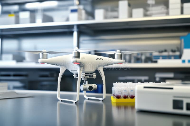 Drone Hovering in a Laboratory with Scientific Equipment Surrounding it ...