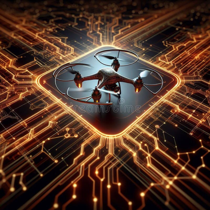 A Drone Hovers Over a Glowing Circuit Board, Representing the ...