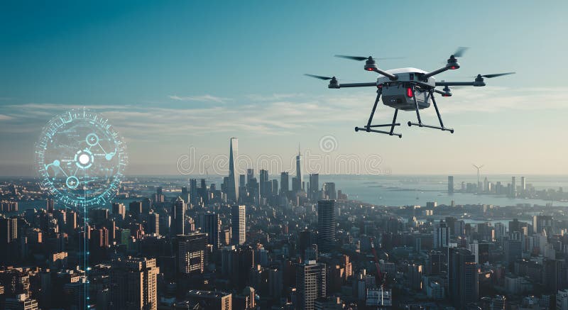 Drone Flying Over Cityscape with Digital Overlay, Ai Generated Stock ...
