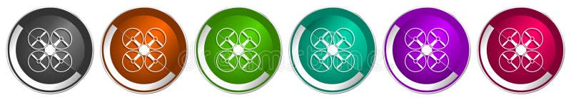 Drone Icon Set, Copter Silver Metallic Chrome Border Vector Web Buttons ...