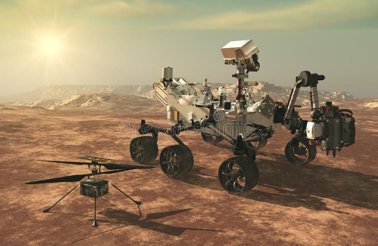 Drone Ingenuity and Perseverance Rover on Mars Stock Illustration ...