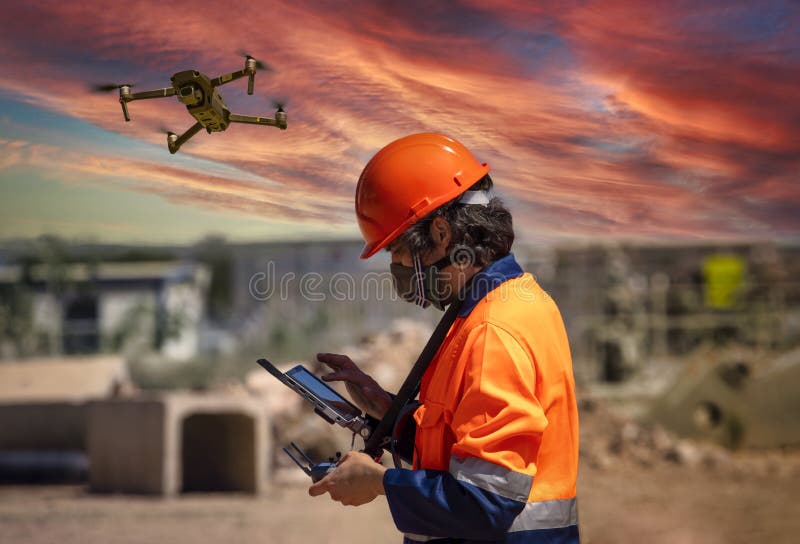 Drone Inspection. Operator Inspecting Construction Building Site Flying ...