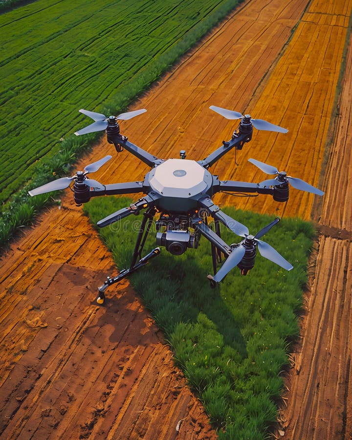 Drone Flying Over the Rice Field, 3d Rendering. Computer Digital ...