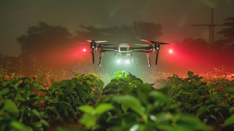 Drone with Lights Flying Over Agricultural Field at Night Stock Photo ...