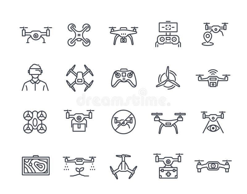 Drone Line Icon Set. Simple Symbols with Wireless Quadcopter and Remote ...