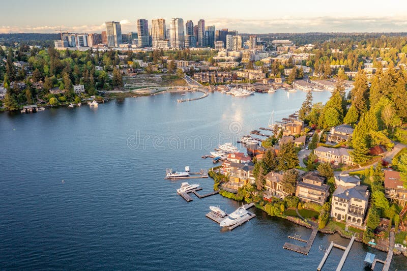 Drone Looking Down on Bellevue Washington Over the Bay with Houses ...
