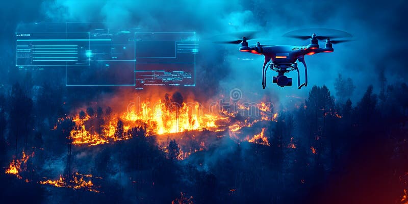 Drone Monitoring Wildfire with Digital Data Overlay Stock Illustration ...